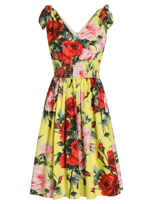 Dolce & Gabbana Cotton Midi Dress With Floral And Tie Details - Print