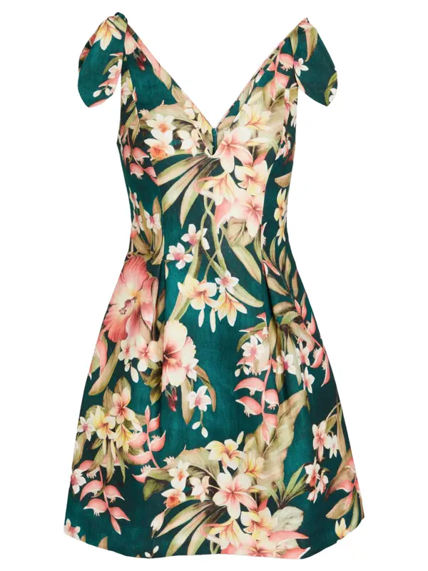 Zimmermann Lexi Pleated Floral-print Linen Mini Dress - Emerald