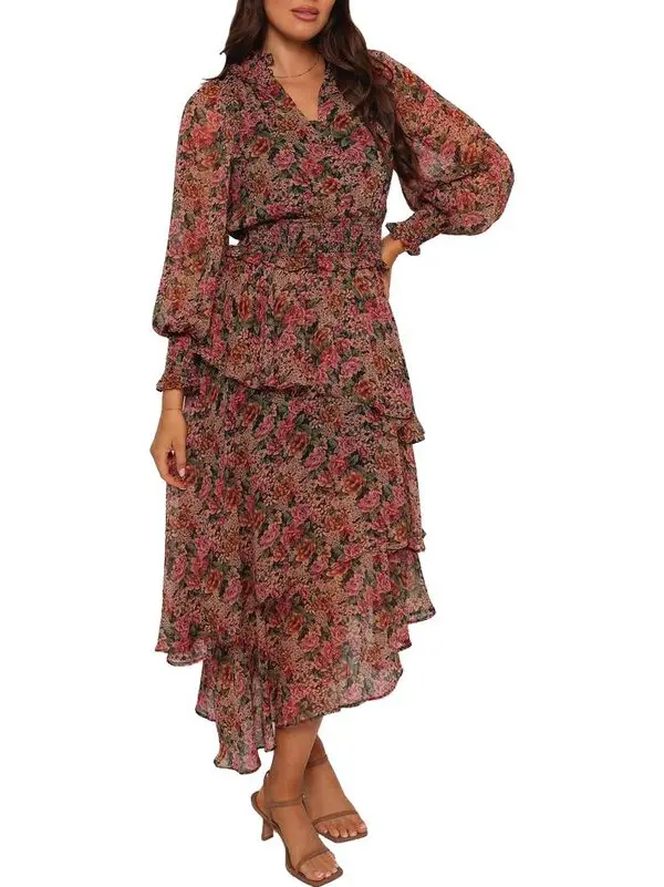 PETAL & PUP Tiered Floral Long Sleeve Dress - Rose