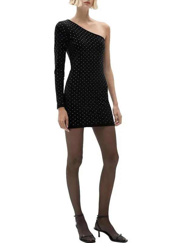 Mango One-shoulder Velvet Dress With Crystal Detail - Black