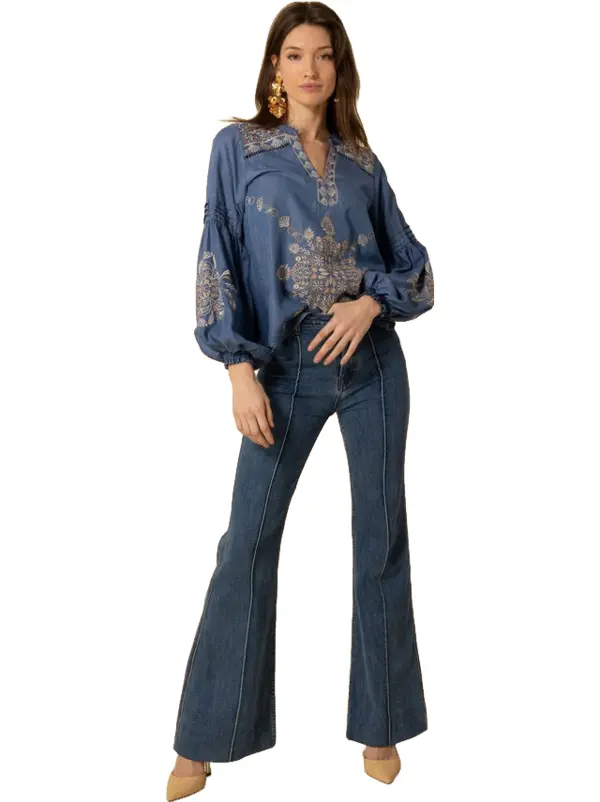 Hale Bob Elliott Embroidered Chambray Blouse - Blue