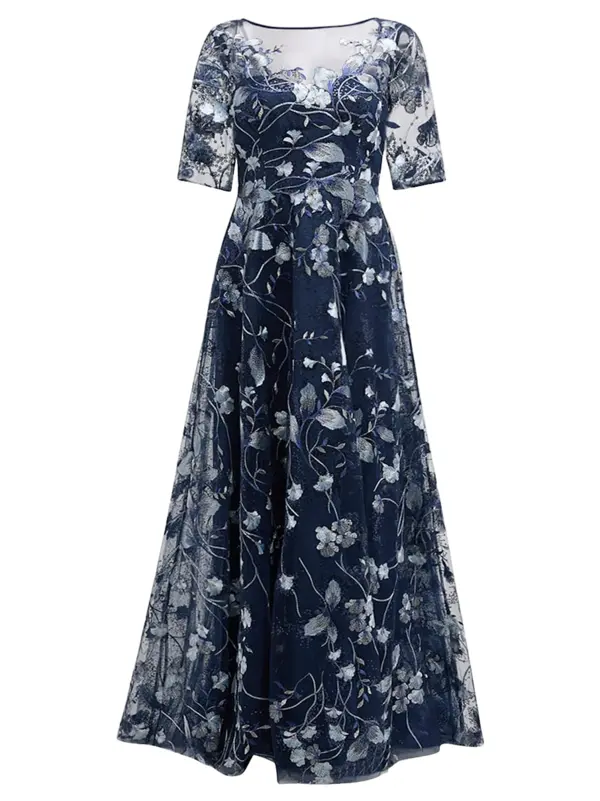 Rickie Freeman For Teri Jon Metallic Embroidered Tulle Gown - Navy Silve