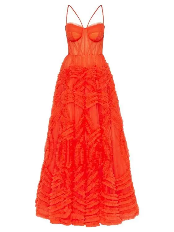 MILLA Ruffled Tulle Maxi Dress - Coral