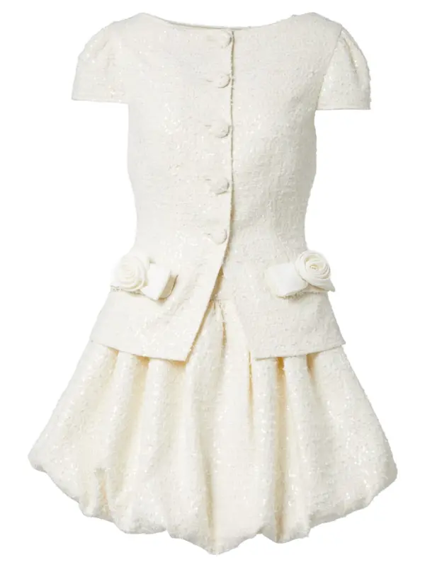 SELF-PORTRAIT Bow-detailed Sequined Bouclé Minidress - White