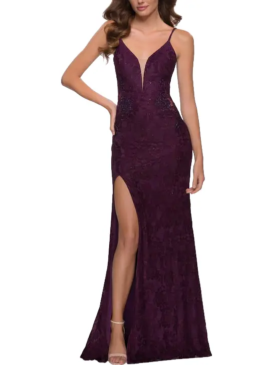 LABOMME Long Lace Gown With Rhinestone Detail - Dark Berry