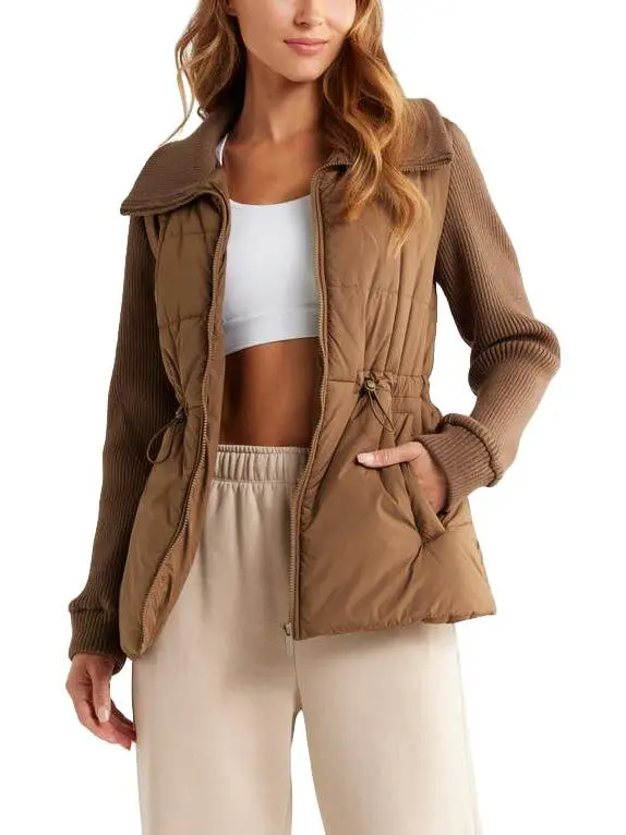 Zella Quilted Rib-knit Hybrid Jacket - Brown Teak