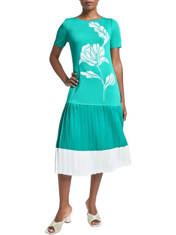 Ming Wang Modern Fit Mixed Media Pleated Midi Dress - Emerald Awe/ White