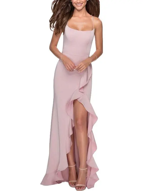LABOMME Ruffle Prom Dress With Lace Up Back - Mauve