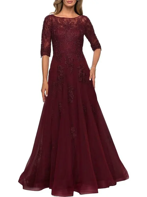 LABOMME Lace And Tulle A-line Gown - Burgundy