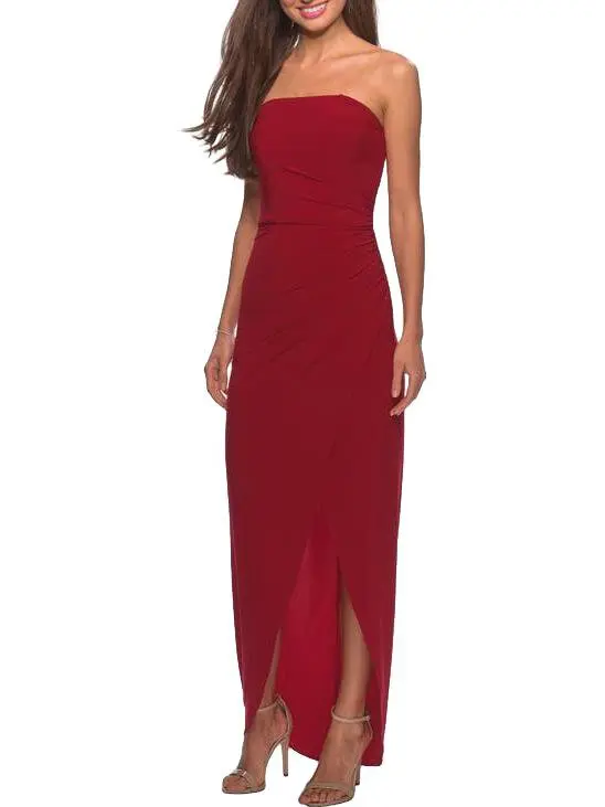 LABOMME Long Strapless Jersey Dress With Ruching - Red