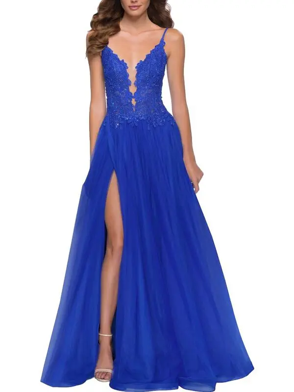 LABOMME Tulle A-line Gown With Lace Bodice - Royal Blue