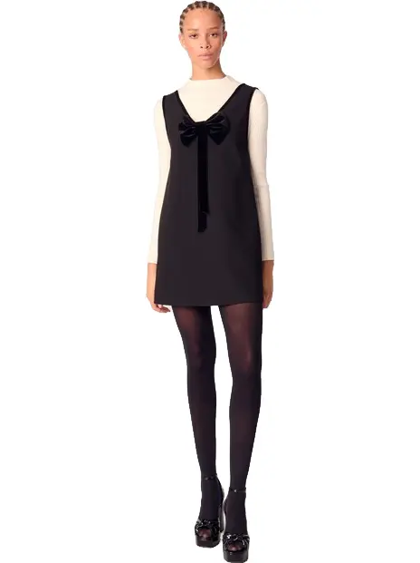 Maje Pinafore Mini Dress With Velvet Collar And Bow - Black