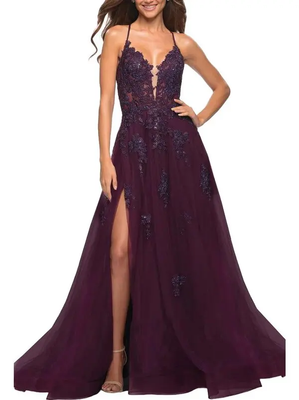 LABOMME Tulle A-line Gown With Appliqués - Dark Berry