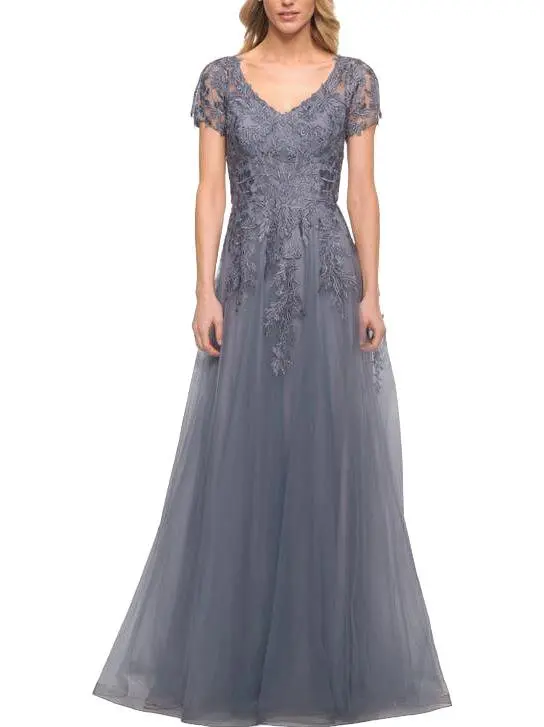 LABOMME Lace And Tulle A-line Evening Gown - Slate