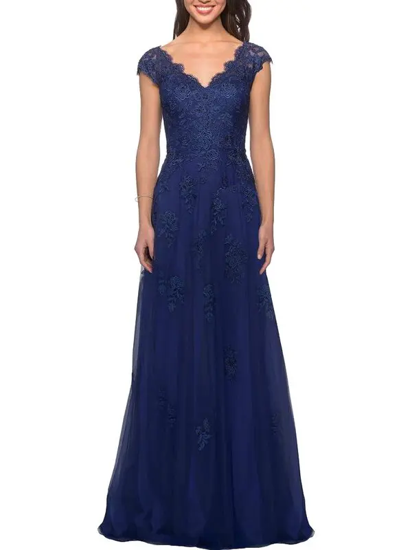 LABOMME Short Sleeve Lace Gown - Marine Blue