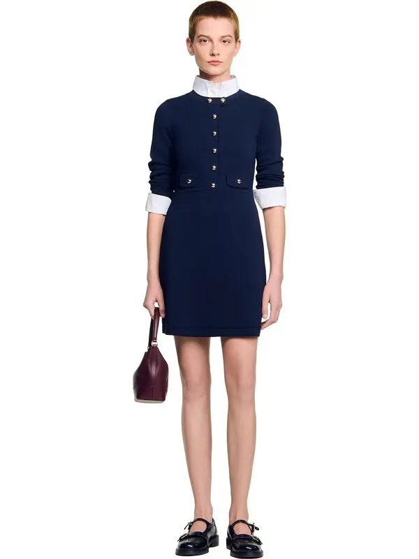 Sandro Mini Knit Button-up Dress - Navy Blue