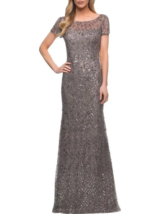 LABOMME Beaded Gown With Illusion Top And Sleeves - Silver