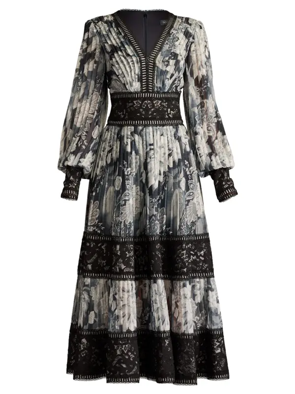 Tadashi Shoji Pleated Lace Tiered Floral-print Midi Dress - Ivoryblack