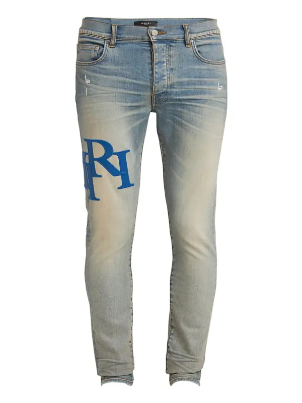 Amiri Staggered Leather Logo Skinny Jeans - Antique Indigo