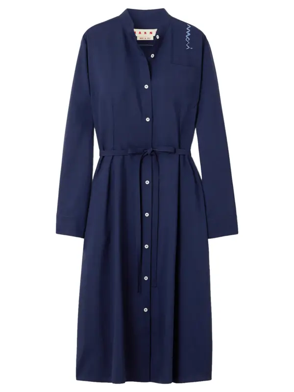 Marni Embroidered Wool-twill Midi Shirt Dress - Blue