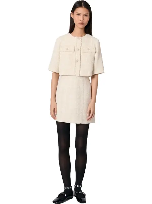 Maje Tweed 2-in-1 Mini Dress - Neutral / White