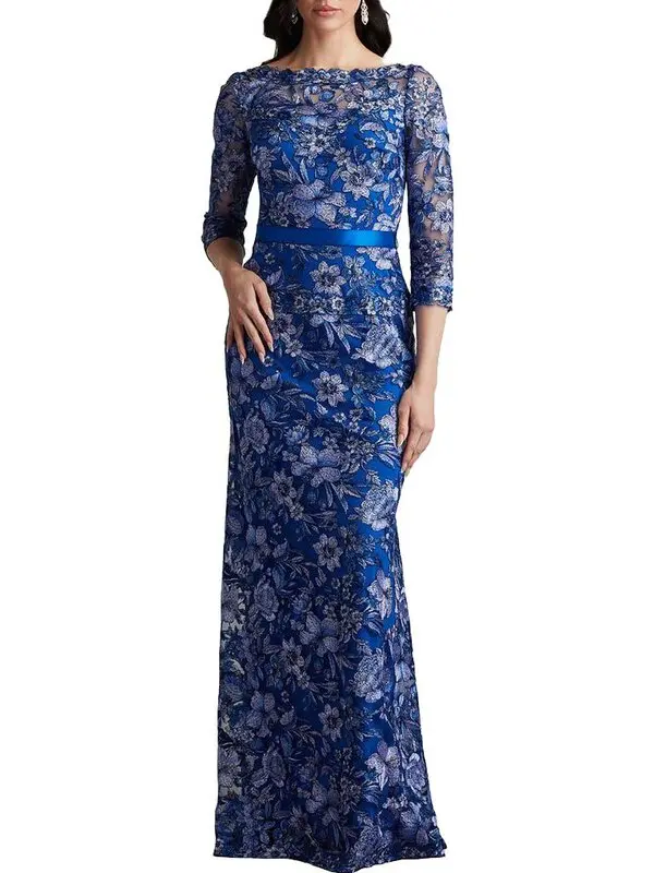 Tadashi Shoji Floral Lace Embroidery Gown - Blue Bell