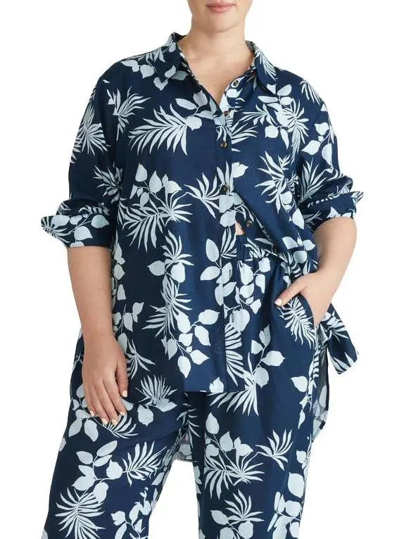 Universal Standard Dawn High/low Linen Blend Shirt - Palm Print In Light Blue