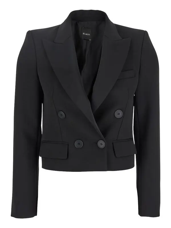 PLAIN Double-breasted Cropped Jacket With Peak Lapels - Black