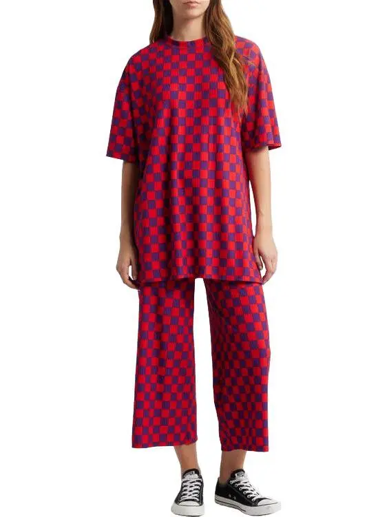 DRESSED IN LALA Lex Ribbed Oversized T-shirt & High Waist Crop Pants Set - Red/ Purple