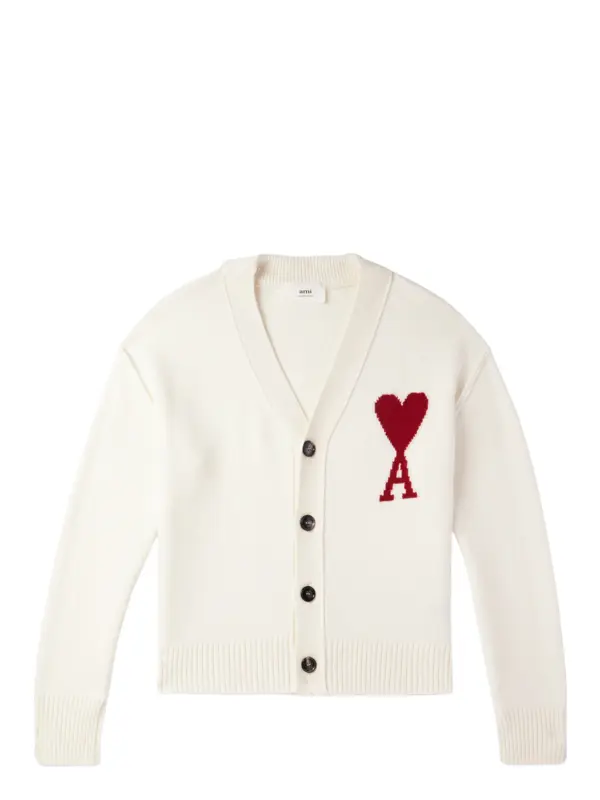 Ami Logo-intarsia Merino Wool Cardigan - Neutrals