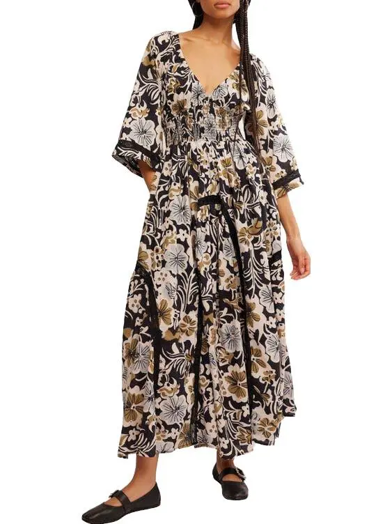 Free People Printed Smocked Waist Maxi Dress - Black Combo