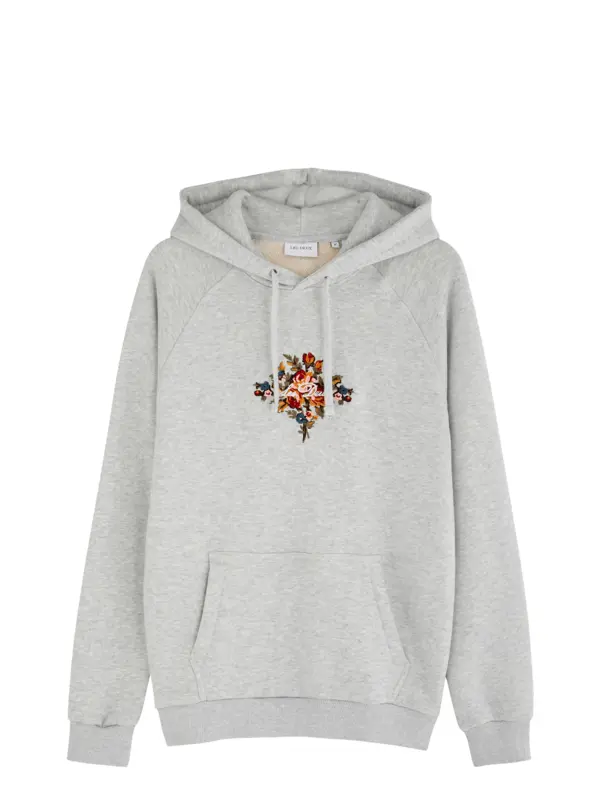 LES DEUX Floral And Logo Embroidered Cotton Hooded Sweatshirt - Grey
