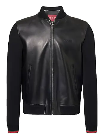 Gucci Crew-neck Regular-fit Leather Jacket - Black Green Red
