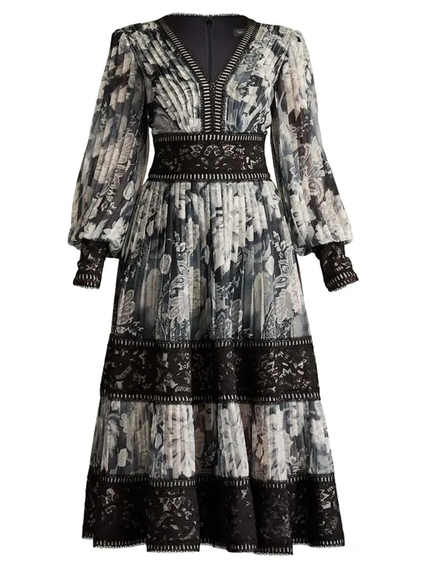 Tadashi Shoji Pleated Lace Tiered Floral-print Midi Dress - Ivoryblack