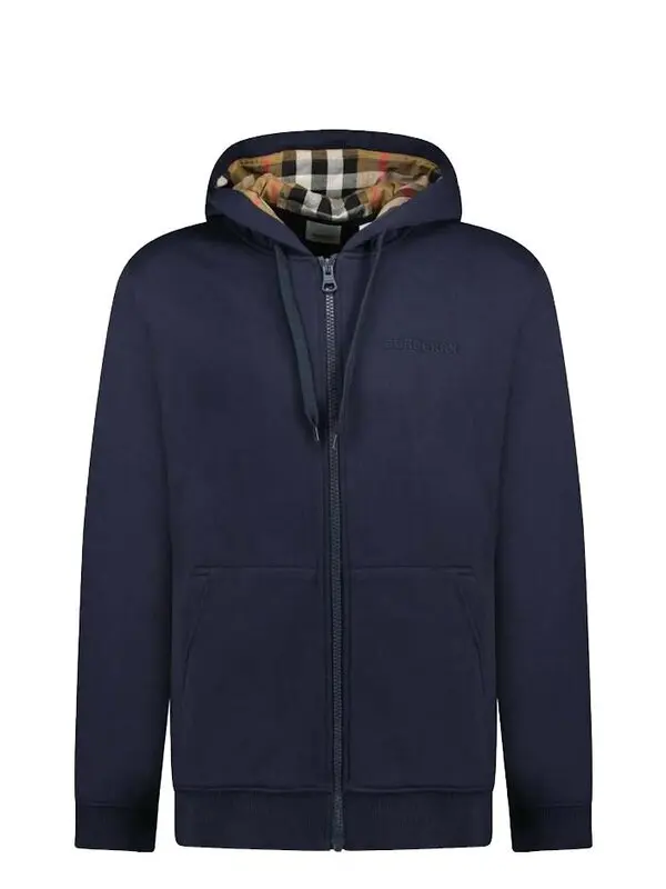 Burberry Hove Check Embroidery Logo Zip Hoodie - Navy Blue