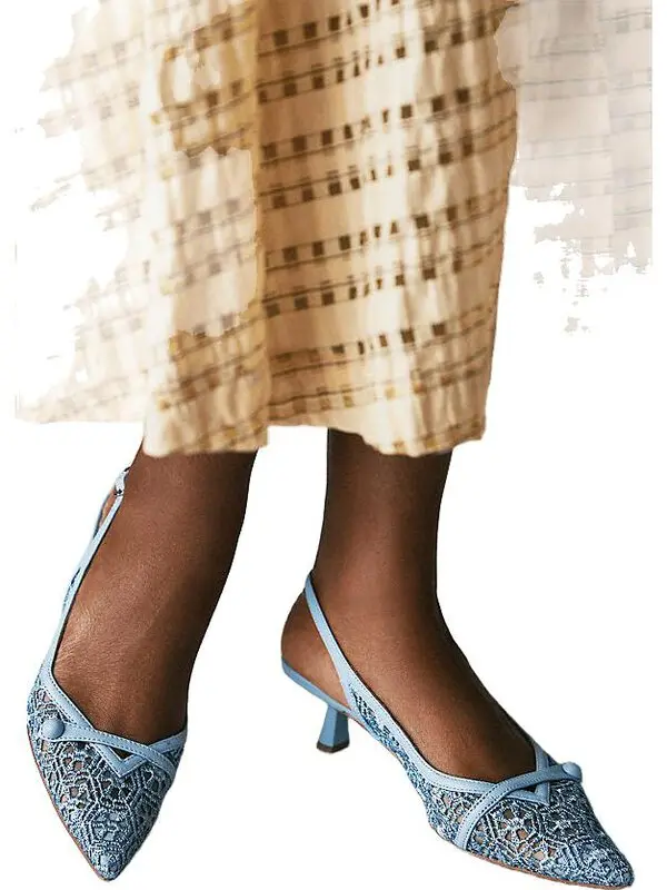 BIBI LOU Embroidered Mesh Slingback Kitten Heels - Light Blue