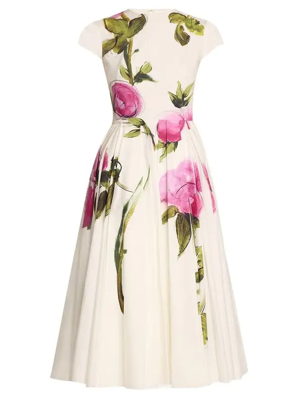 Oscar De La Renta Pleated Painted Roses Poplin Midi Dress - Pinkwhite