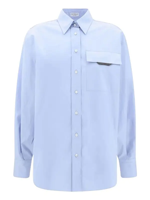 Brunello Cucinelli Shiny Detail Cotton Shirt With Pocket - Blue