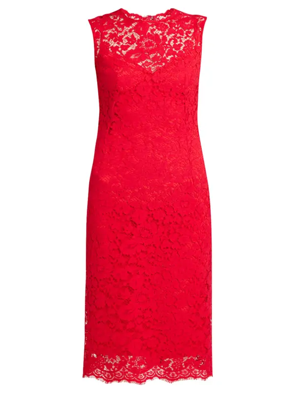Dolce & Gabbana Frayed Floral Lace Midi Dress - Dark Red