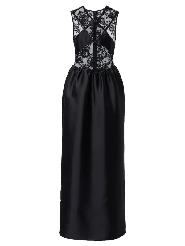 SELF-PORTRAIT Floral Lace-trimmed Taffeta Maxi Dress - Black