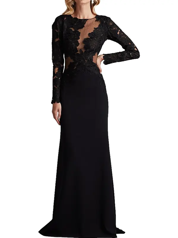 Tadashi Shoji Caselle Embroidered Illusion Bodice Gown - Black