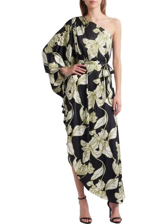 HUTCH One-shoulder Midi Dress - Black Dramatic Vining Iris