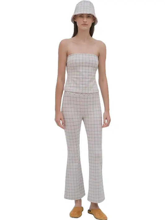 Rosetta Getty Strapless Bandeau Striped Windowpane Top - Navy / Blue