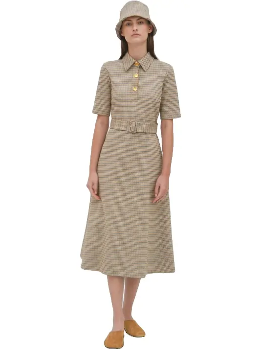 Rosetta Getty Belted Houndstooth Plaid Shirt Dress - Stripe
