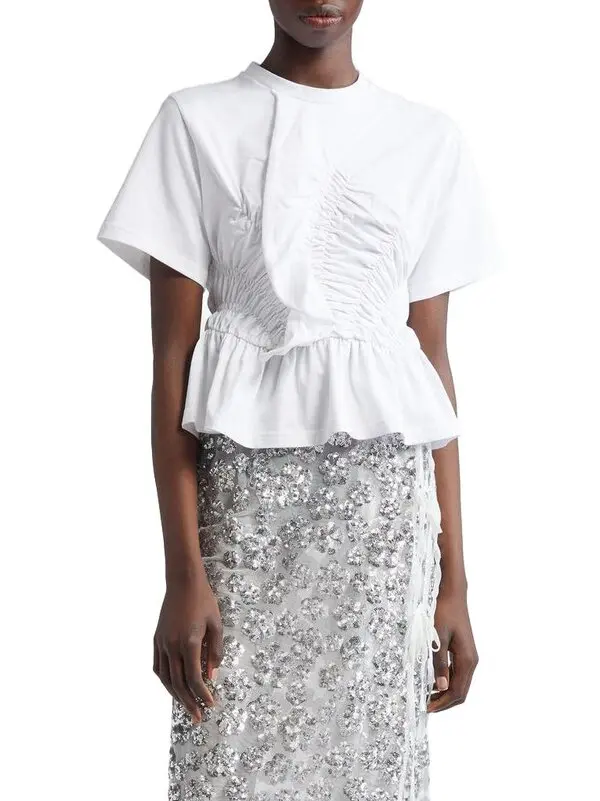Cecilie Bahnsen Ace Smocked Jersey Peplum Top - White
