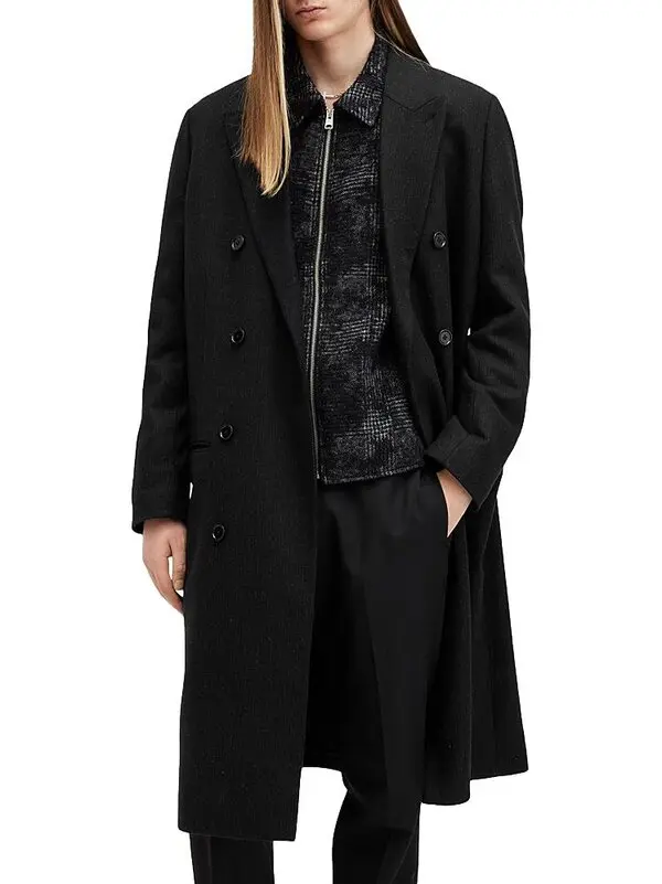 All Saints Arcade Wool Blend Pinstripe Double Breasted Coat - Black
