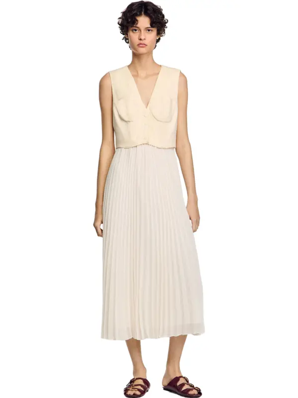 Sandro Sleeveless Pleated Maxi Dress - Ecru