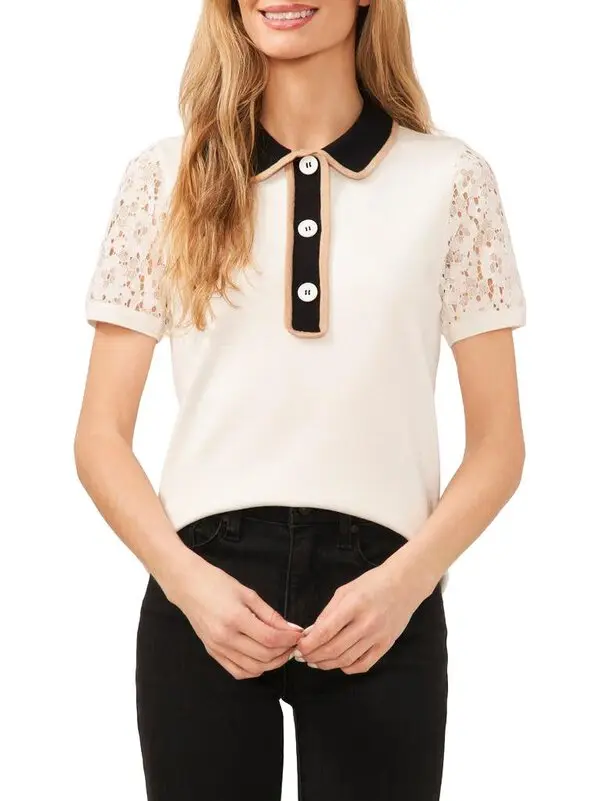 CECE DUPRAZ Lace Sleeve Polo Sweater - Antique White