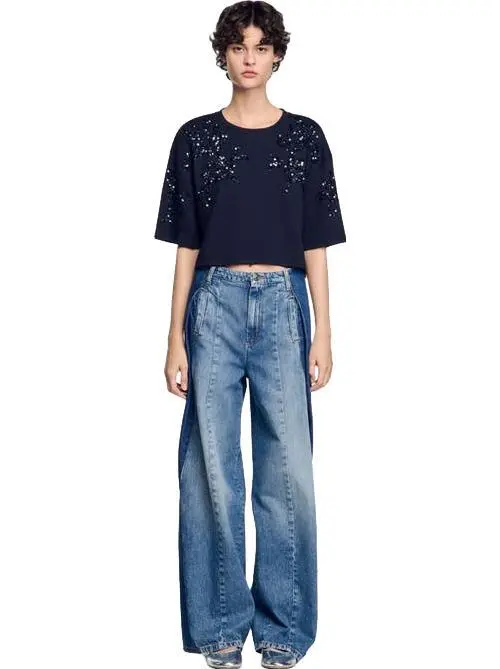 Sandro T-shirt With Beaded Details - Navy Blue