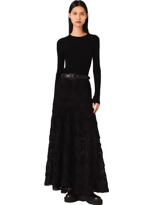 Maje Long Embroidered Tulle Skirt - Black